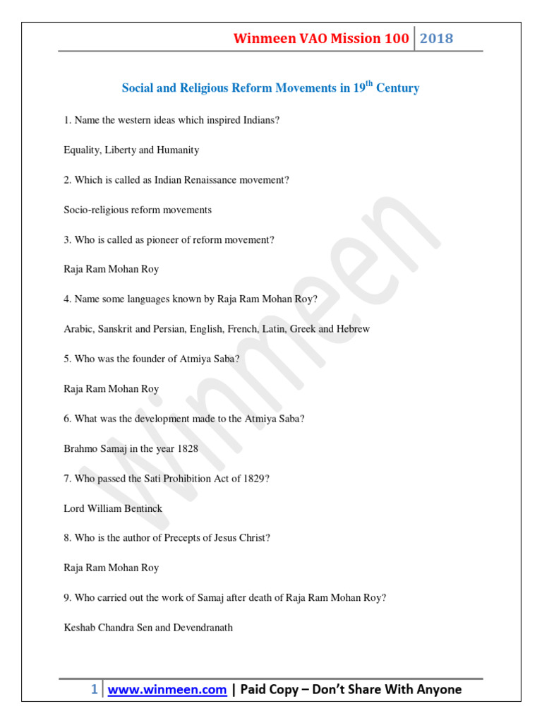 Social and Religious Reform Movements in 19th Century | PDF ...