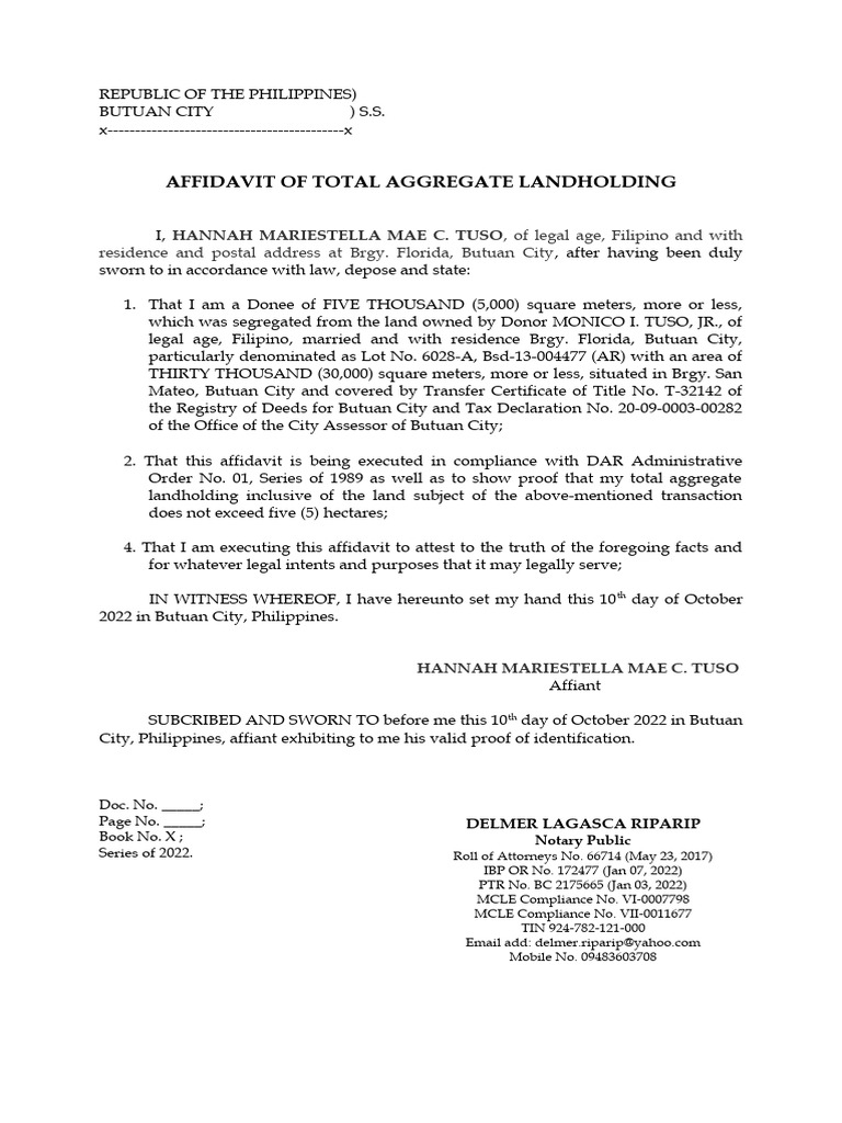 Affidavit of Aggregate Landholding Hannah Mae Tuso | PDF | Affidavit | Common Law