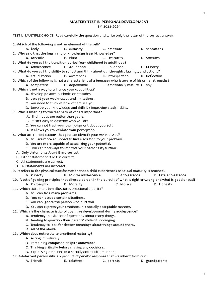 Mastery Test in Personal Development | PDF | Adolescence | Emotions