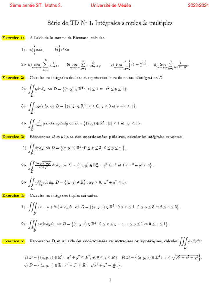 Série de TD N°1 - Maths 3 - 2023-2024 | PDF Série de TD N°1 - Maths 3 - 2023-2024 | PDF