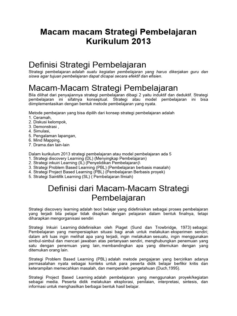 Macam Macam Strategi Pembelajaran Kurikulum 2013 | PDF