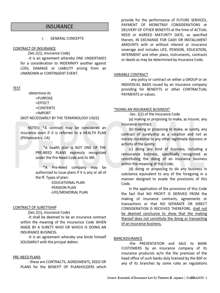Insurance: Source: Essentials of Insurance Law by Timoteo B. Aquino ...