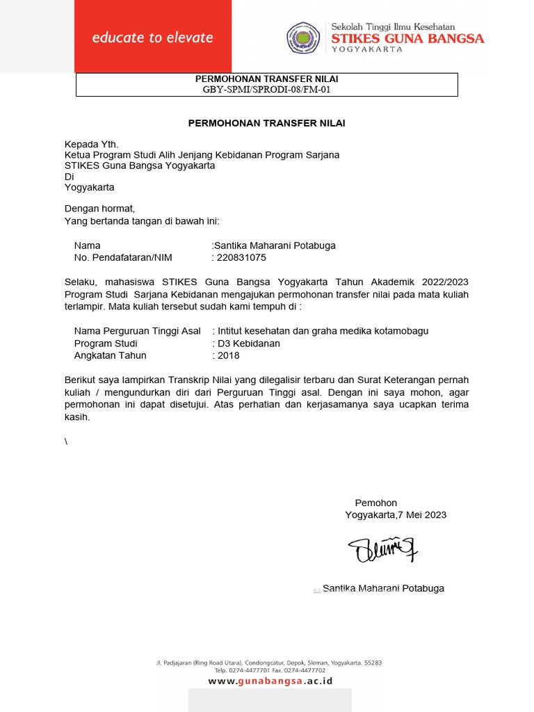 Surat Permohonan Transfer Nilai - OK | PDF