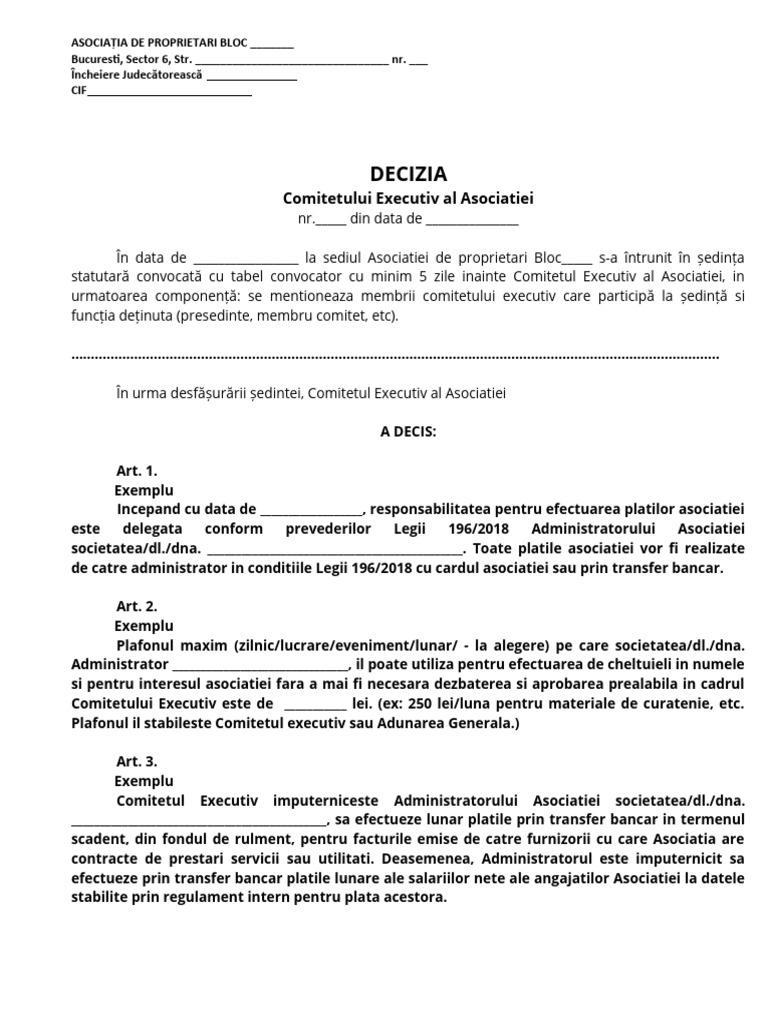 7 MODEL DECIZIE COMITET EXECUTIV Conform Legii 196 Din 2018 1 | PDF