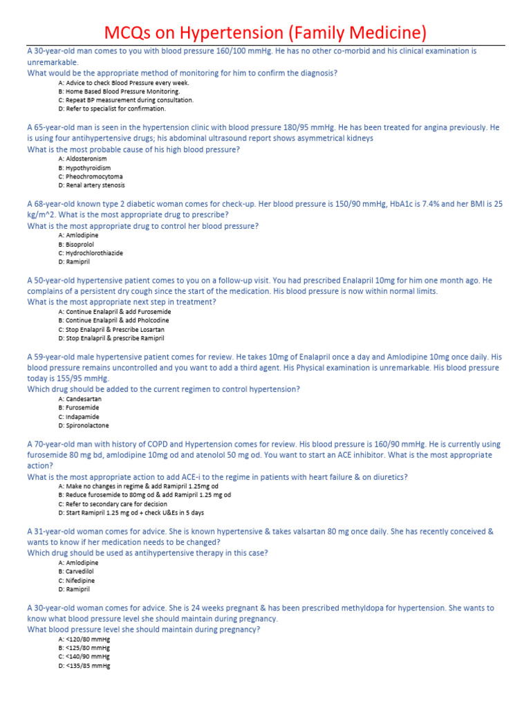 Hypertension MCQs for Clinical Practice | PDF