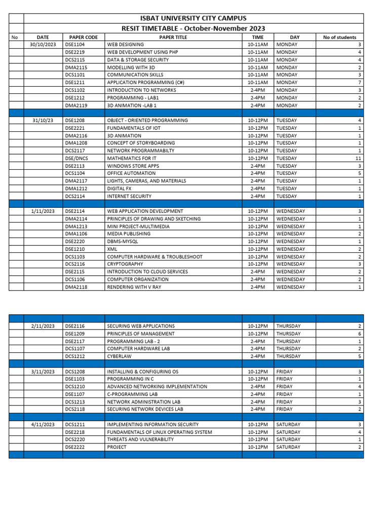 Isbat University City Campus RESIT TIMETABLE - October-November 2023 | PDF | Security | Computer ...