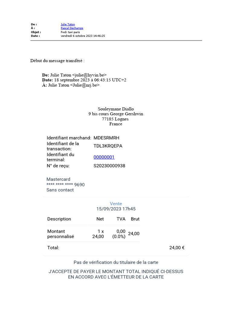 Reçu de taxi à Paris - 24€ | PDF