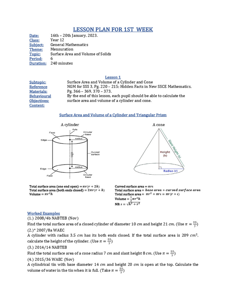 CIS LP Surface Area and Volume of Solids WK2 Y12 V2 | PDF | Area | Sphere