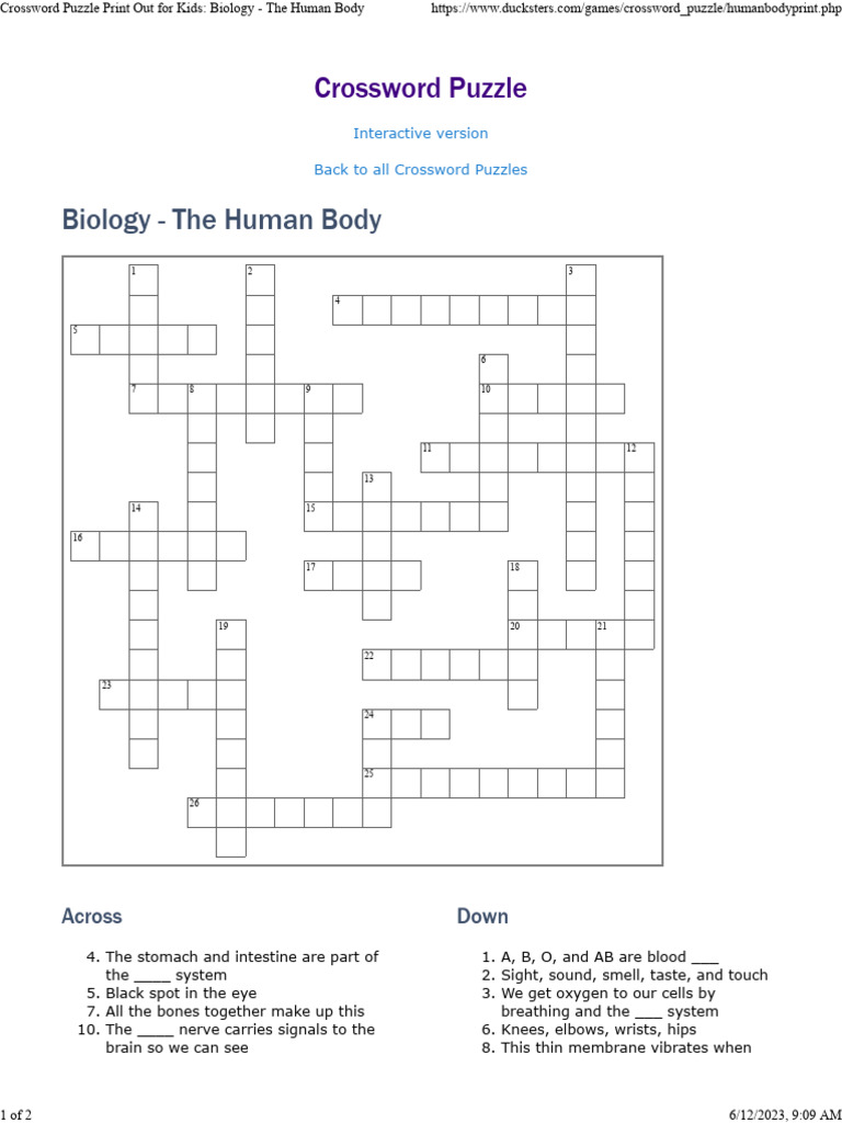 Crossword Puzzle Print Out For Kids Biology - The Human Body | PDF ...
