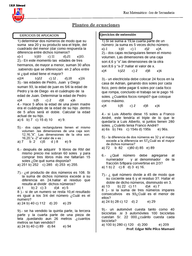 Planteo de Ecuaciones | PDF | Matemática Elemental | Conceptos matemáticos