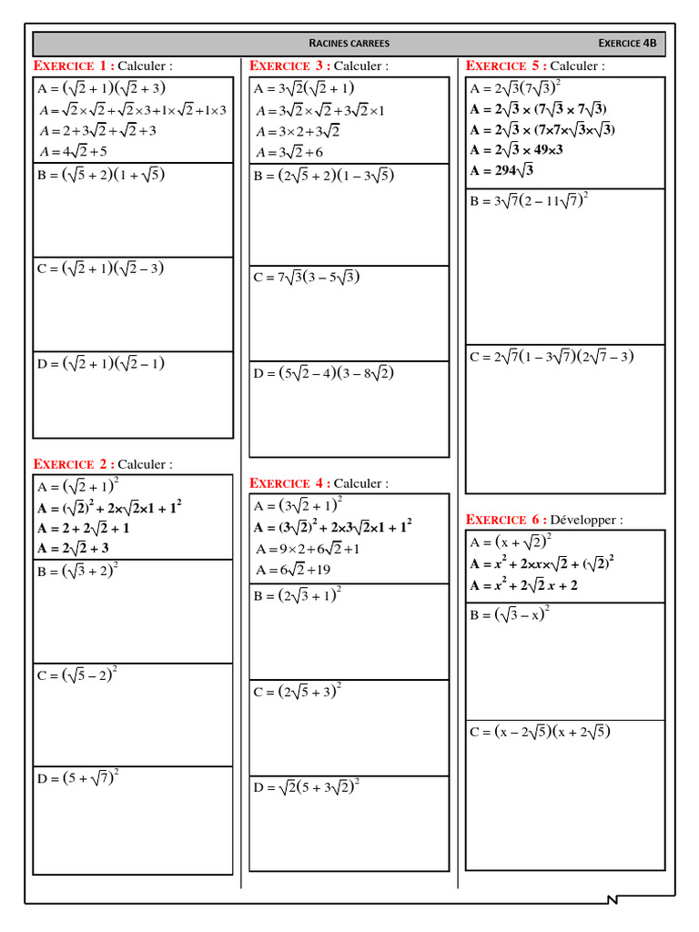 Operations Sur Les Racines Carrees Exercices | PDF