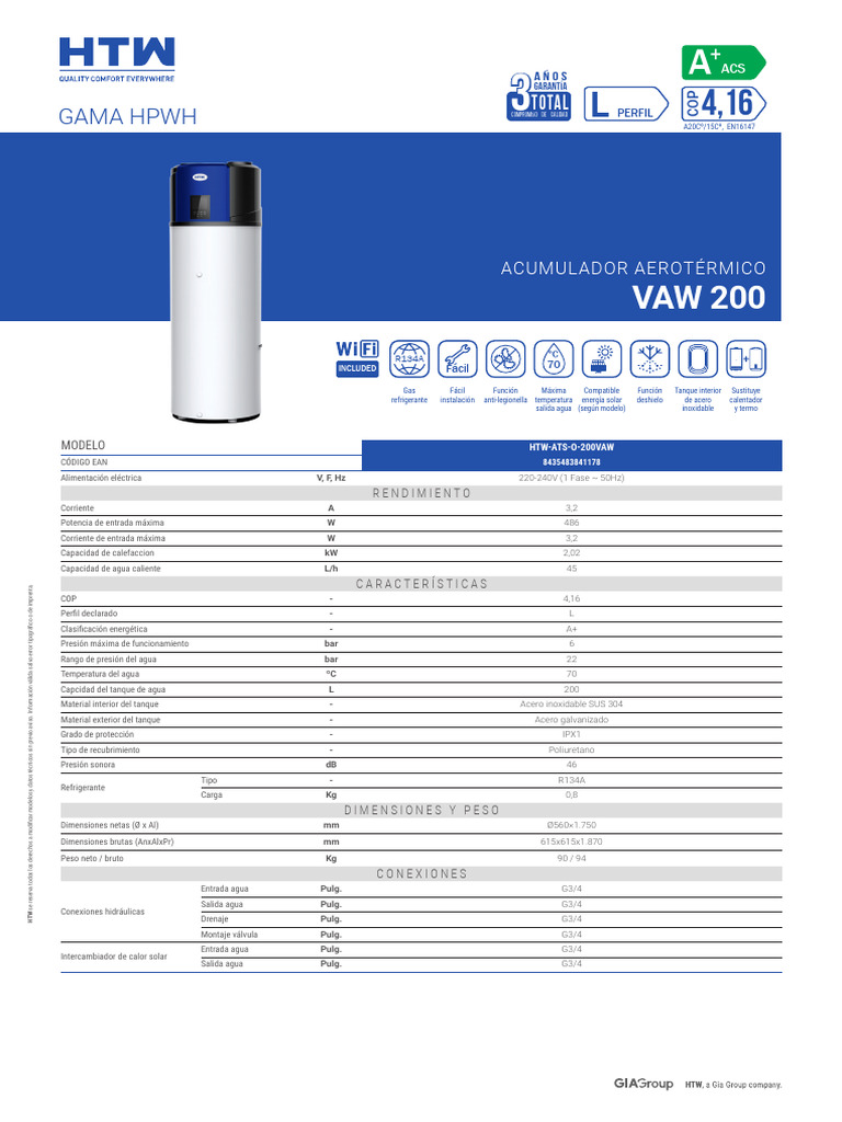 HTW-Fichas técnicas-ACUMULADORES AEROTERMICOS-VAW+S 200L-Español | PDF