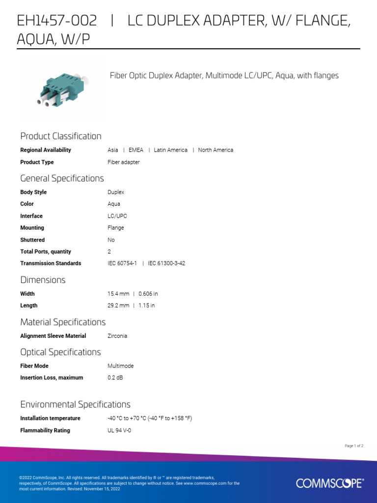 Adapter EH1457-002 Product Specifications | PDF | Optical Fiber | Electronics