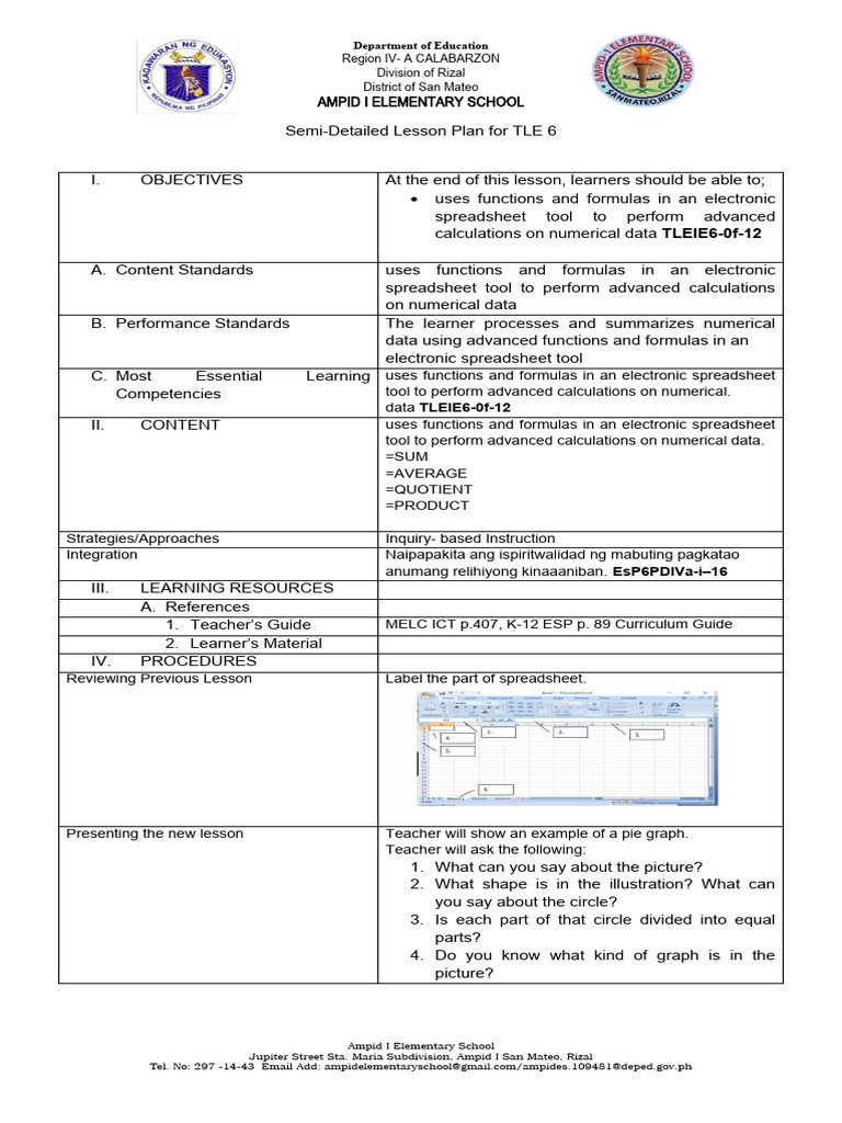 TLE 6 Lesson Plan: Spreadsheet Skills | PDF