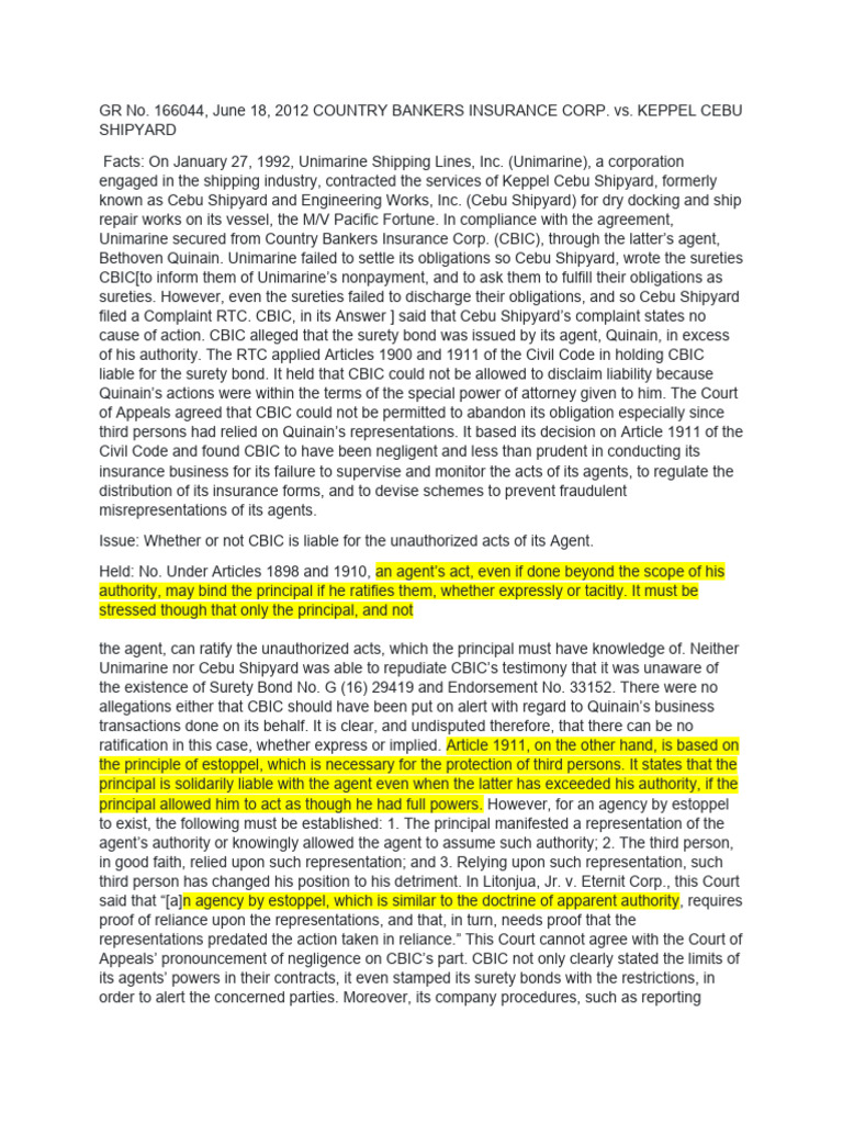 COUNTRY BANKERS INSURANCE CORP. vs. KEPPEL CEBU SHIPYARD | PDF | Law Of ...