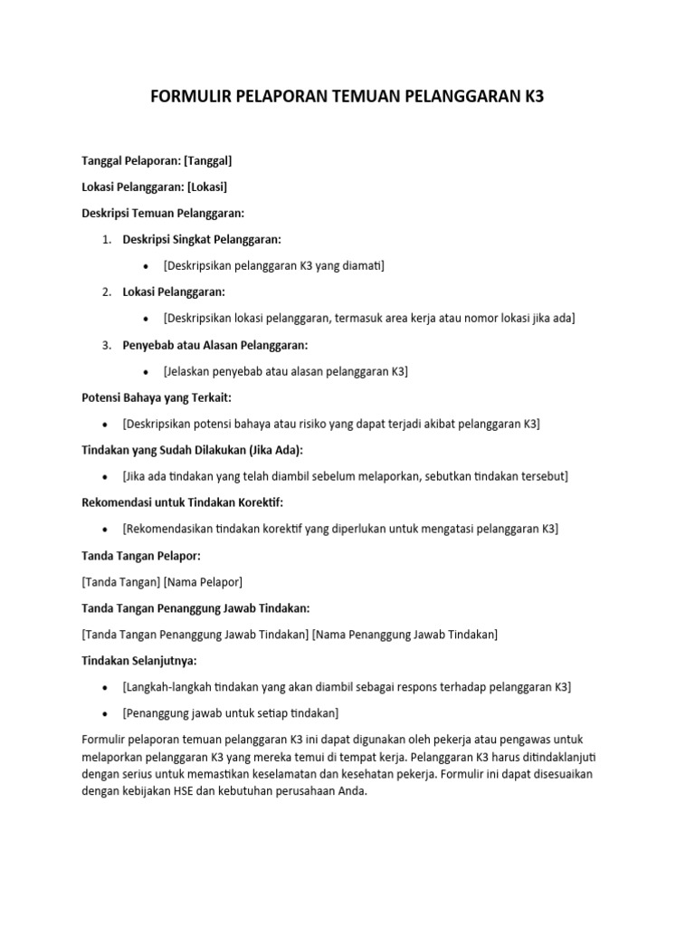 Form Pelaporan Temuan Pelanggaran K3 Pekerja | PDF