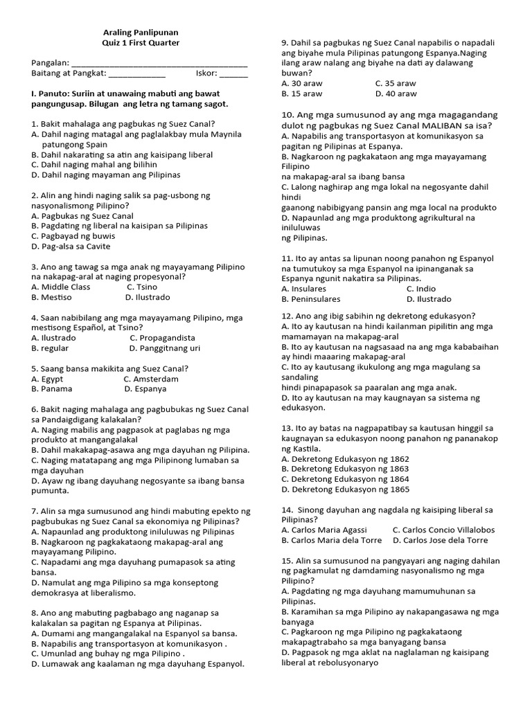 Araling Panlipunan Week 1 Quiz | PDF