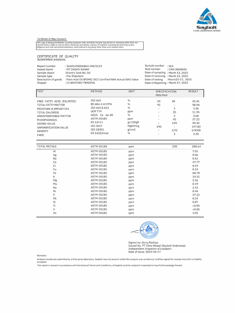 6864 Coa Pao Shore Tank Preshipment Daeho Sunny Ulb 1 PDF | PDF