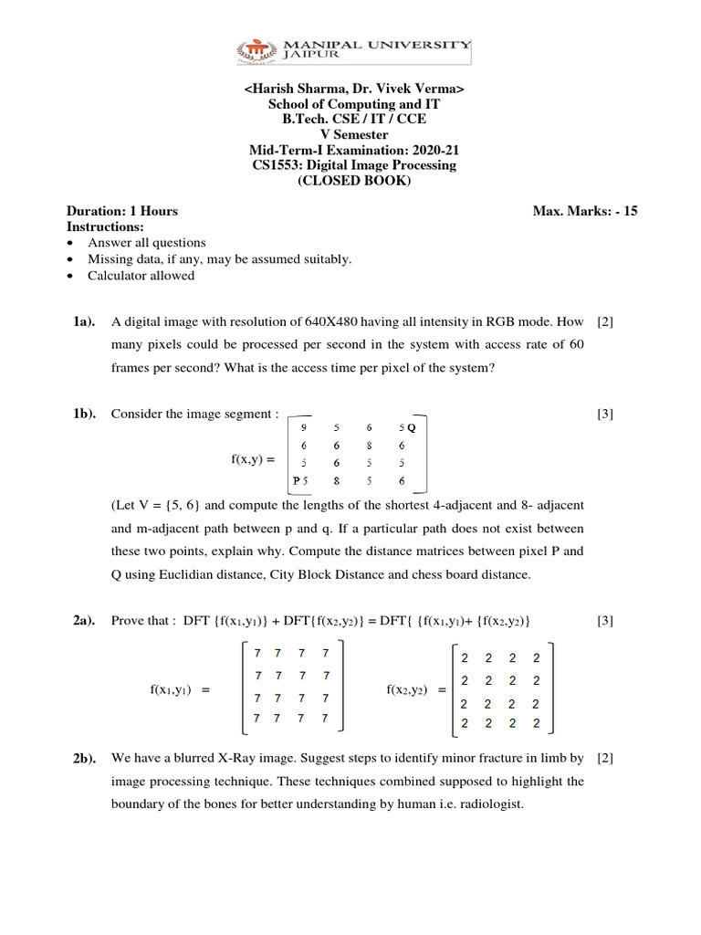 Dip Mte-1 QP 2020 | PDF | Pixel | Algorithms