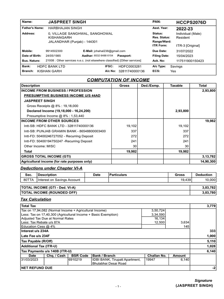 Jaspreet Singh's ITR Computation 2022-23 | PDF