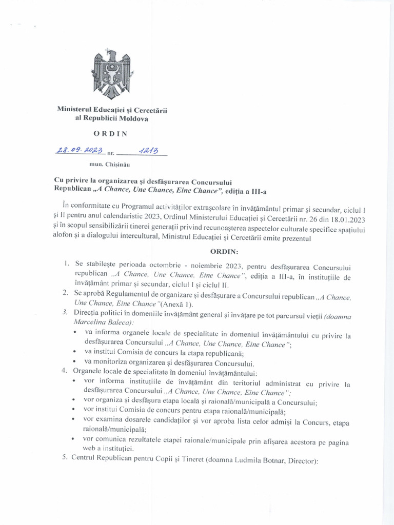 Ordin MEC Nr. 1213 Din 28.09.2023 Concurs L.străină | PDF