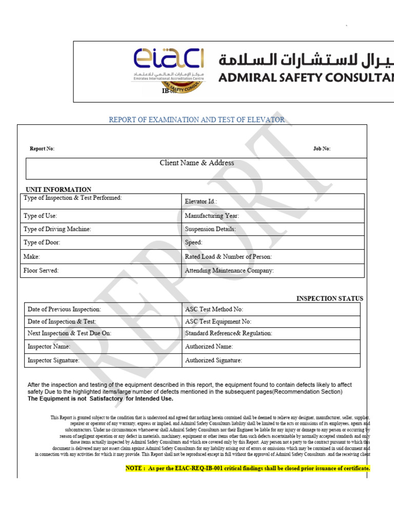Elevator Inspection and Test Report | PDF