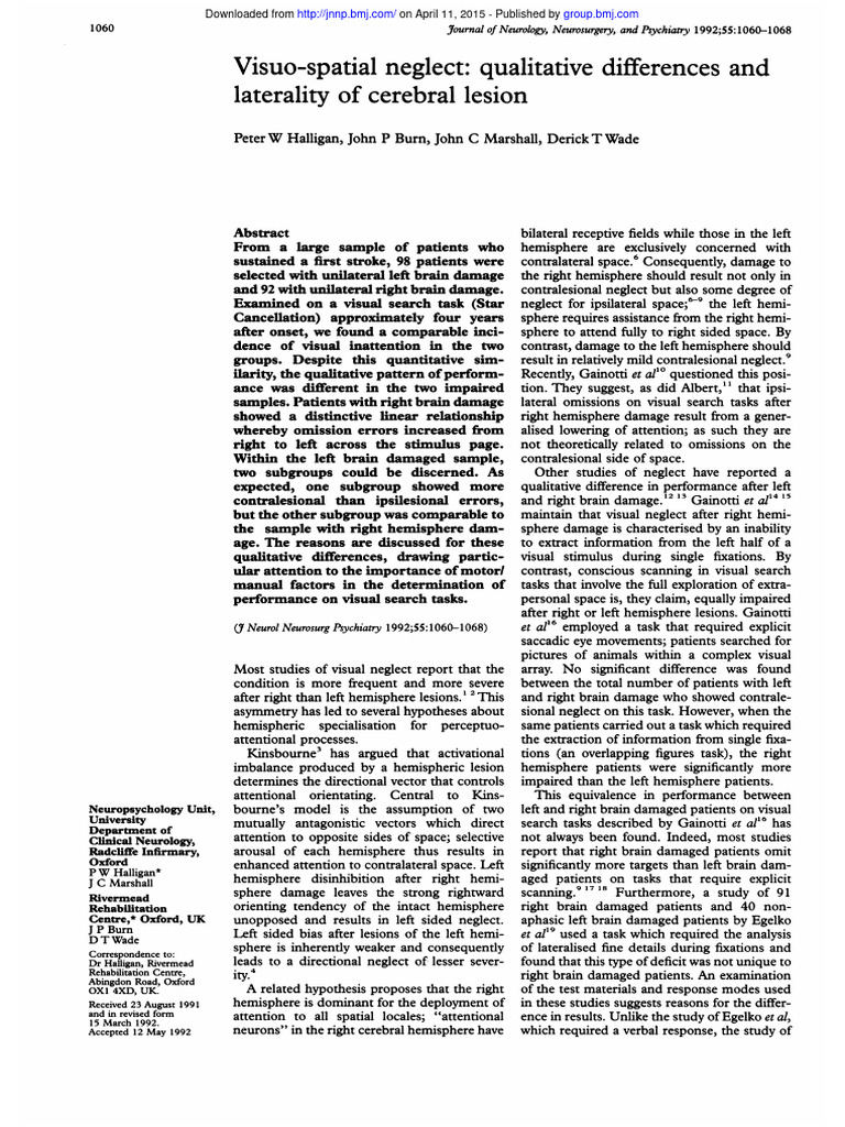 Visuo-Spatial Neglect:: Differences and Laterality of Cerebral Lesion | PDF