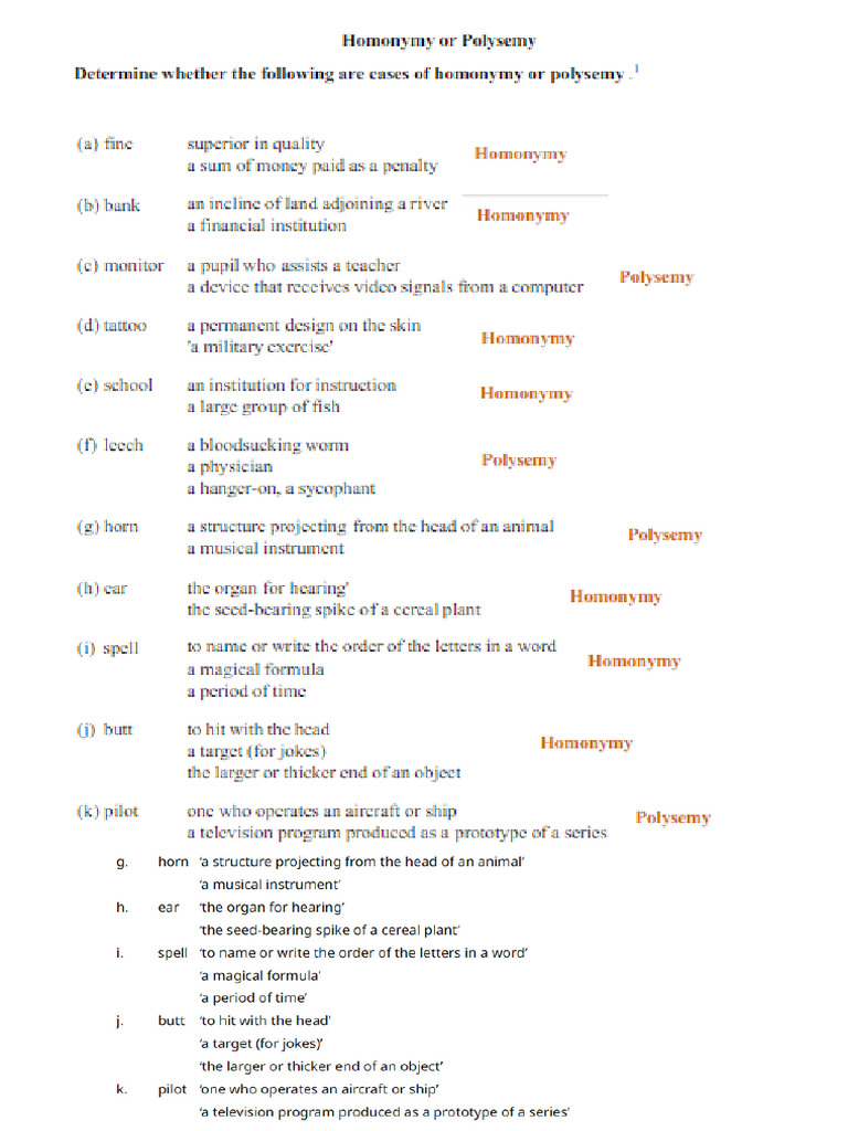 Determine Whether The Following Are Cases of Homonymy or Polysemy. A ...