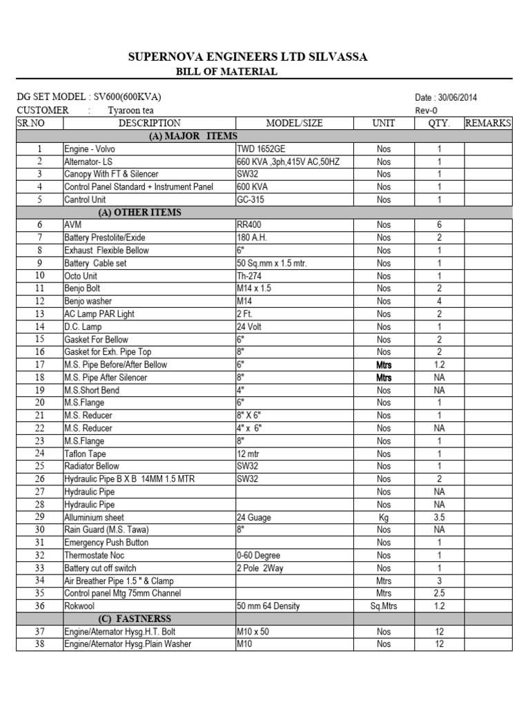Supernova Engineers DG Set Bill of Materials | PDF | Screw | Pipe ...