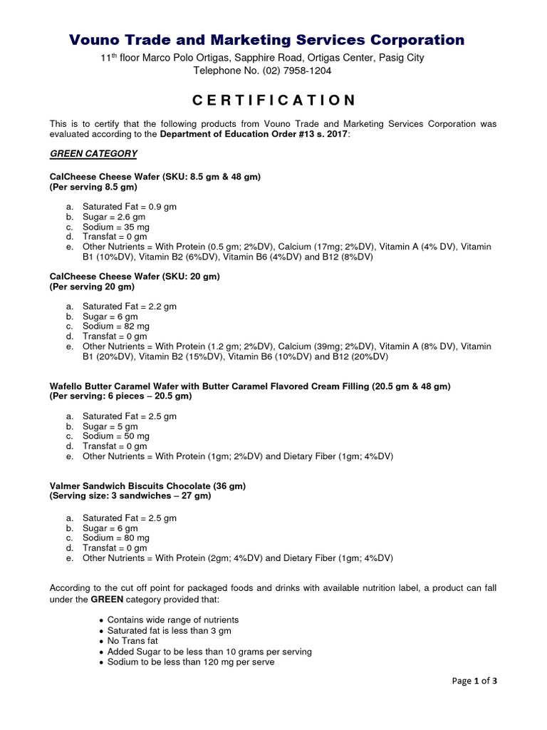 Vouno Nutrition Certification Report | PDF | Cooking, Food & Wine ...