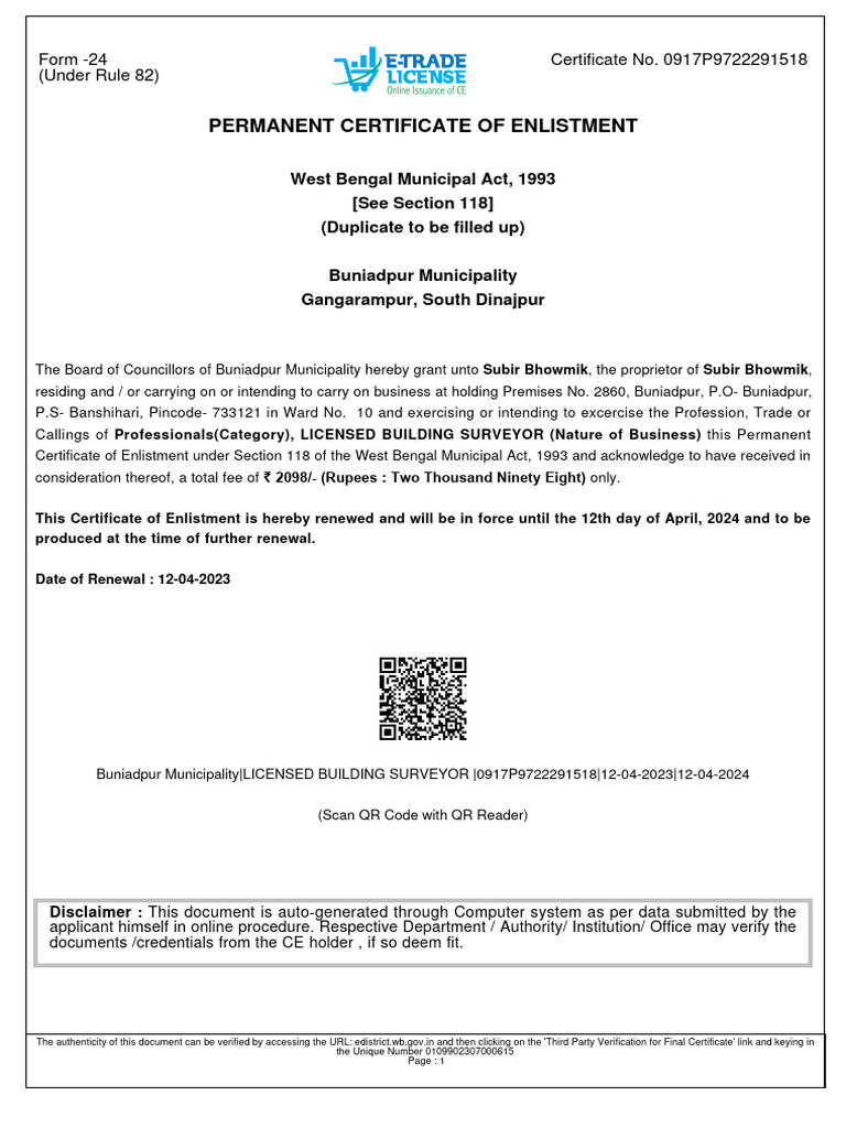 Permanent Certificate of Enlistment: West Bengal Municipal Act, 1993 ...