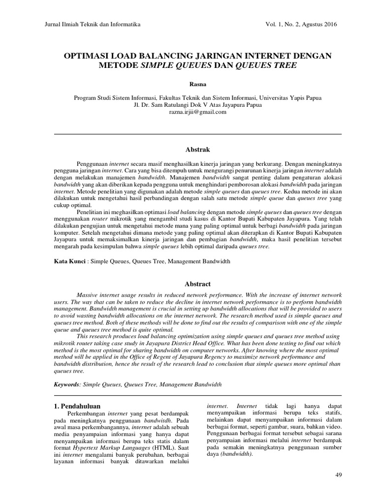 Optimasi Load Balancing Jaringan Internet Dengan Metode Simple Queues Dan Queues Tree | PDF