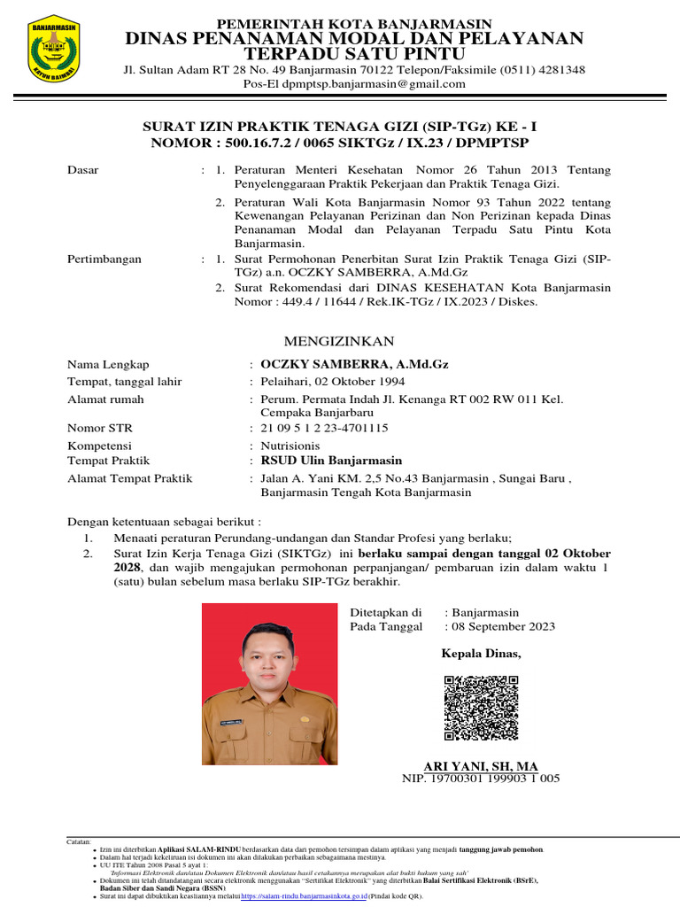 Surat Ijin Kerja Gizi 2023 | PDF