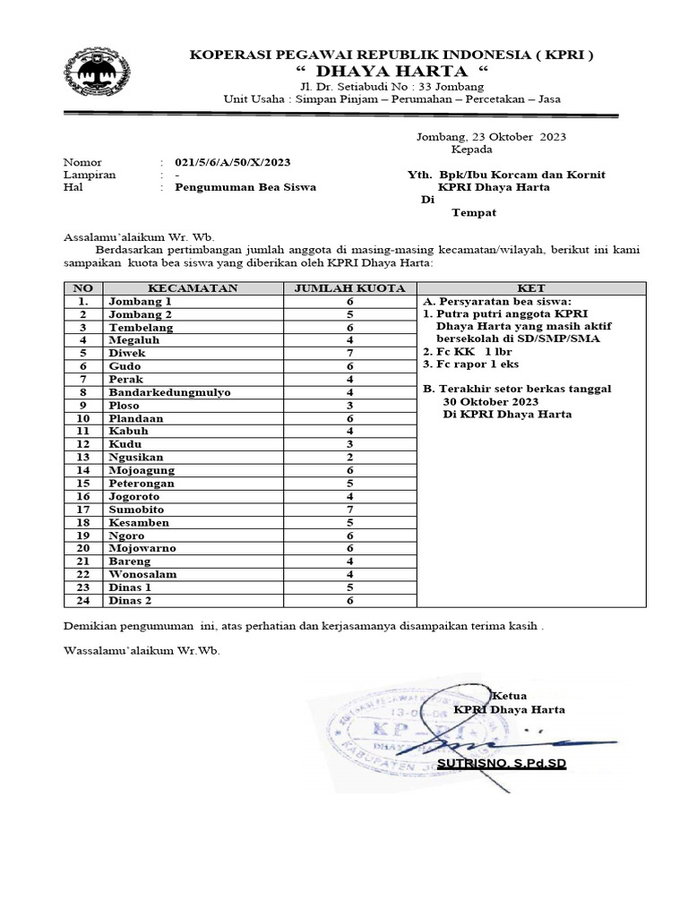 Pengumuman Beasiswa Kpri Dhaya Harta | PDF