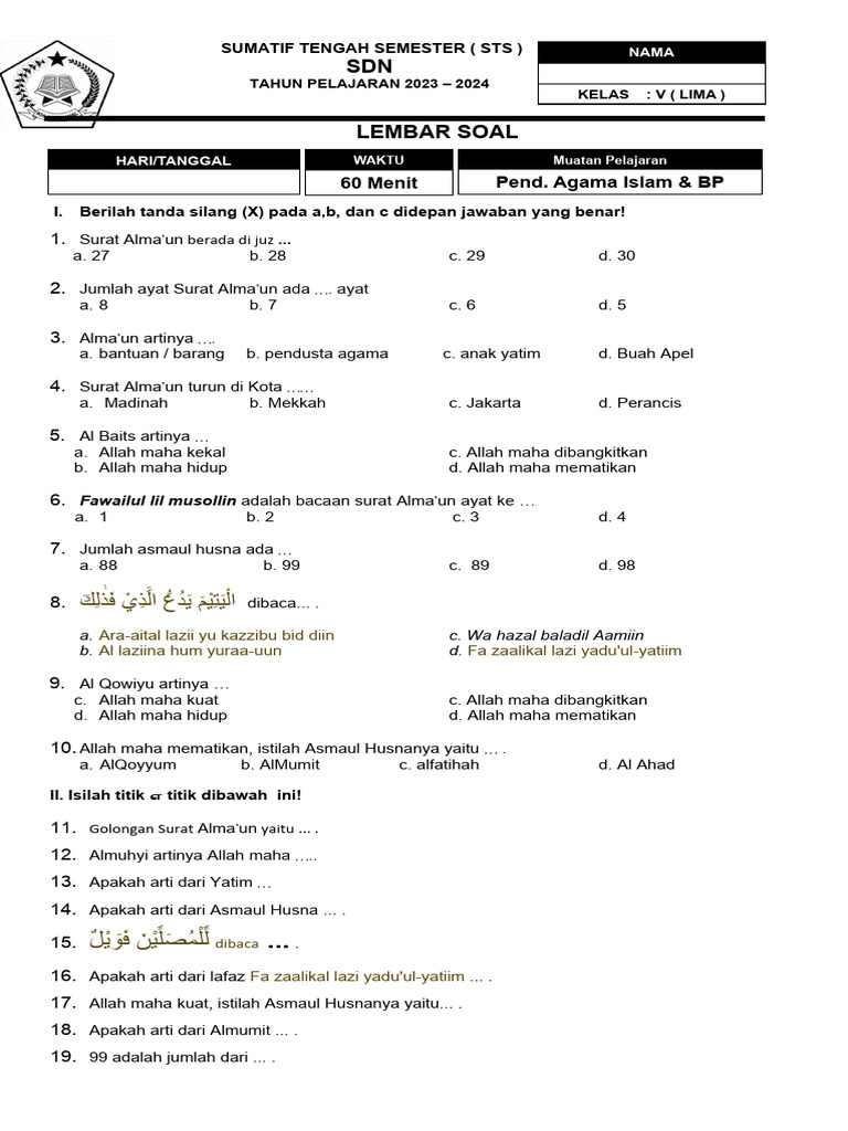 Soal PAI STS Kls 5 SMT 1 | PDF