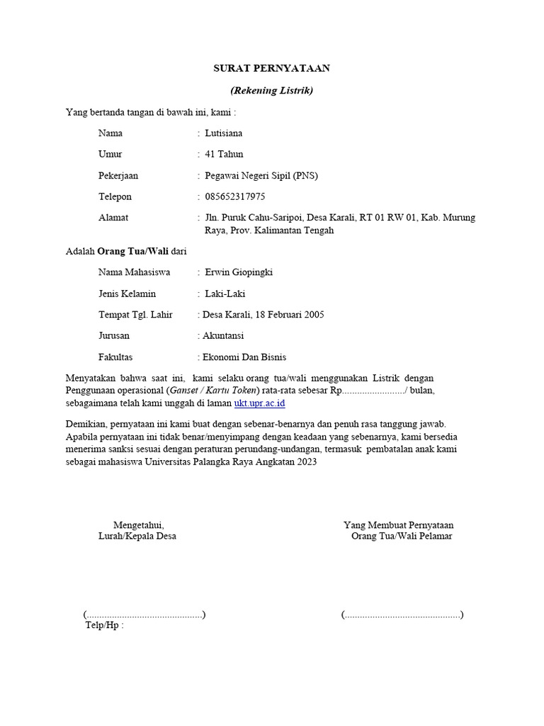 Surat Pernyataan Listrik | PDF