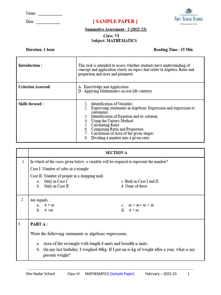 G6.SA2.Sample Paper (2022-23) | Download Free PDF | Mathematics | Area