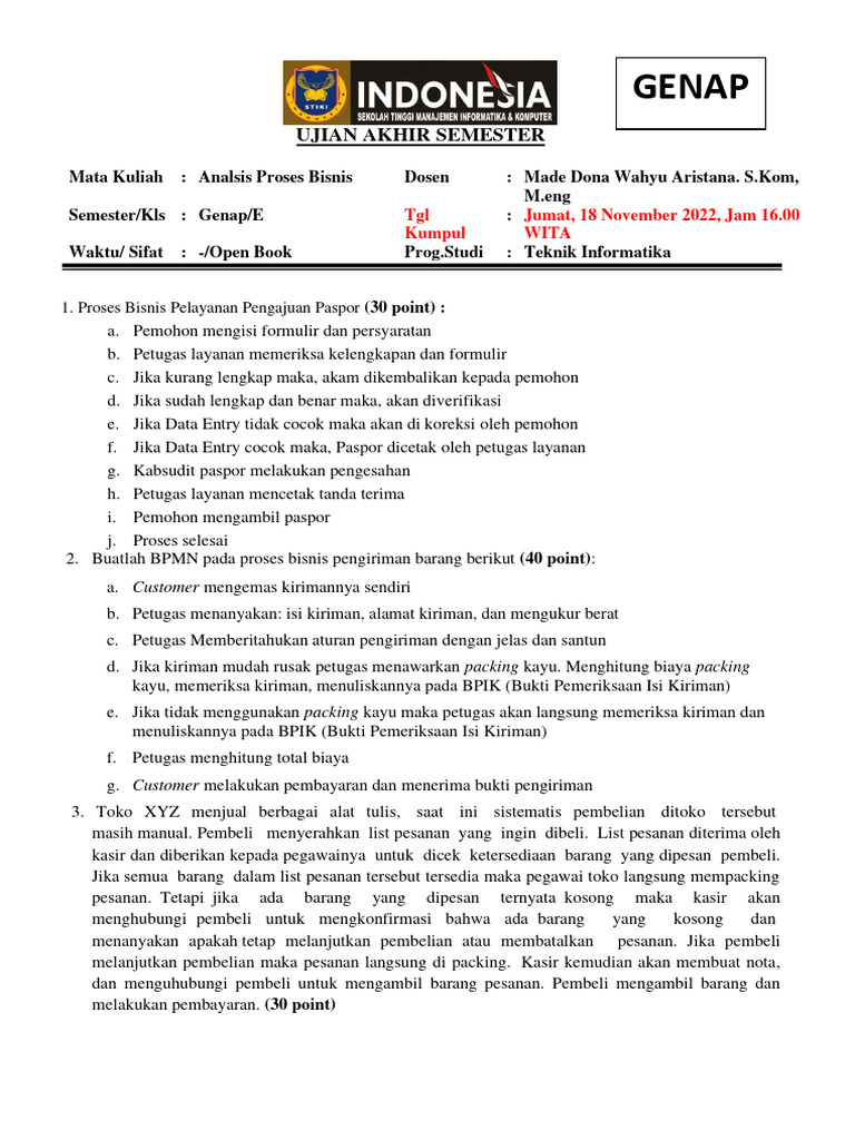 Soal UTS Analisis Proses Bisnis - E | PDF