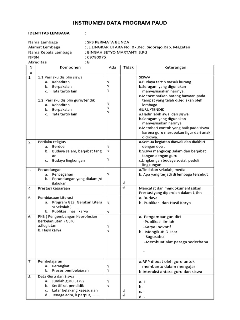 Instrumen Data Program Paud Buat Penilik | PDF