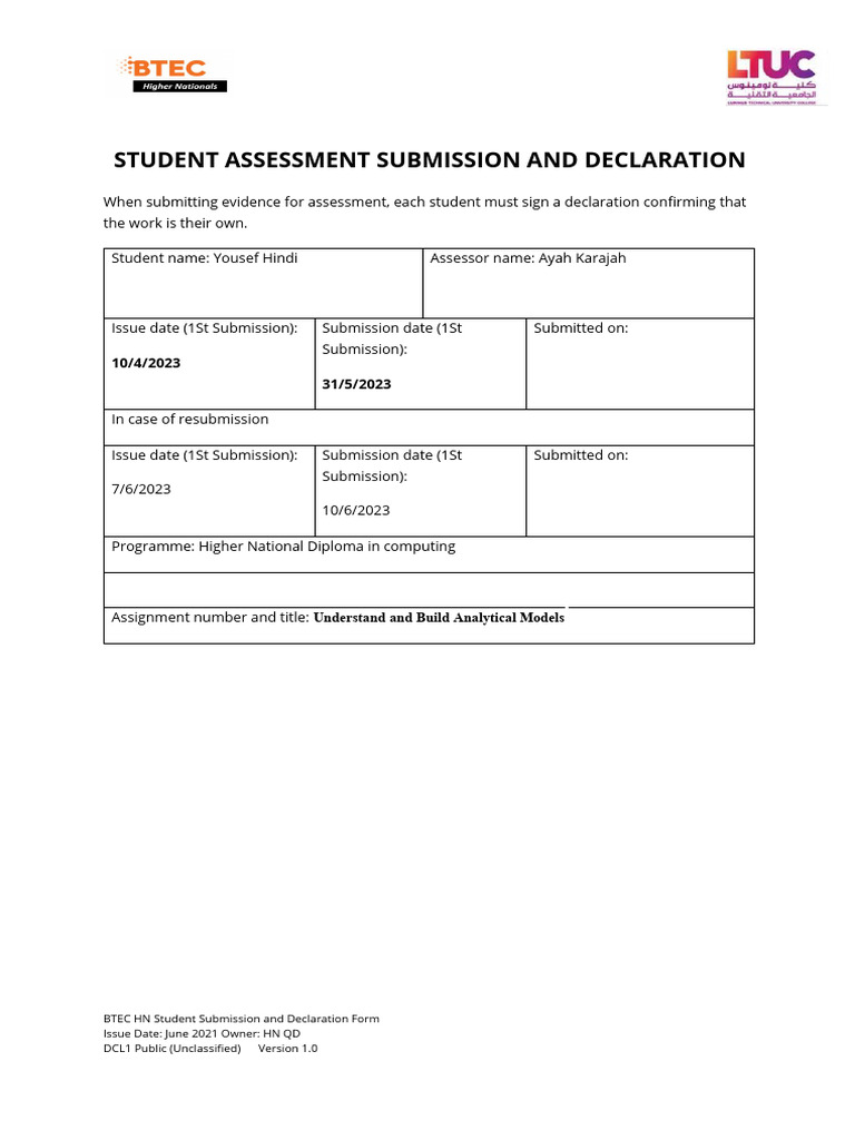 Student Assessment Submission and Declaration | PDF | Analytics ...