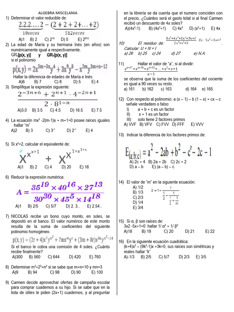 ALGEBRA MISCELANIA Preuni | PDF | Objetos matemáticos | Matemáticas Aplicadas