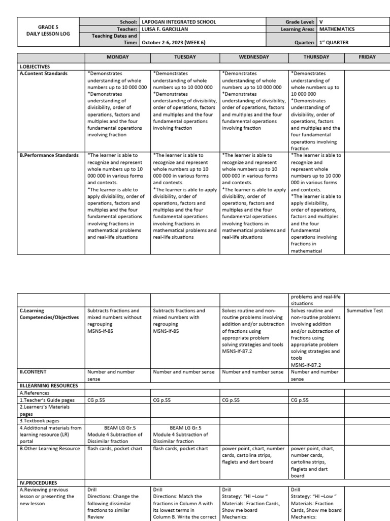 DLL - Mathematics 5 - Q1 - W6 | PDF