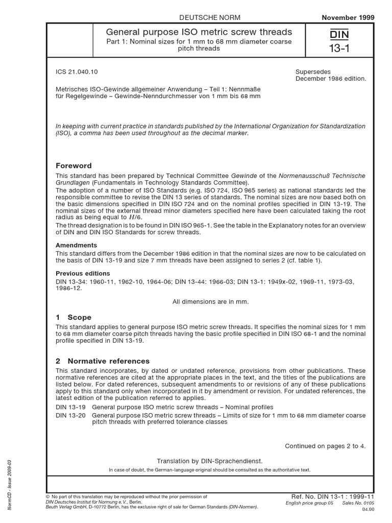 DIN 13-1 (1999) - General Purpose ISO Metric Screw Threads | PDF ...