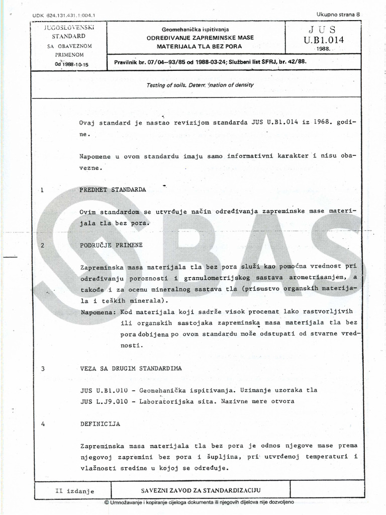 JUS U.B1.014 - 1988-Odredivanje Zapreminske Mase Materijala Tla Bez Pora | PDF