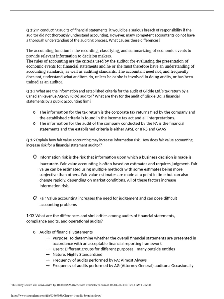 Chapter 1 Audit Solutions | PDF