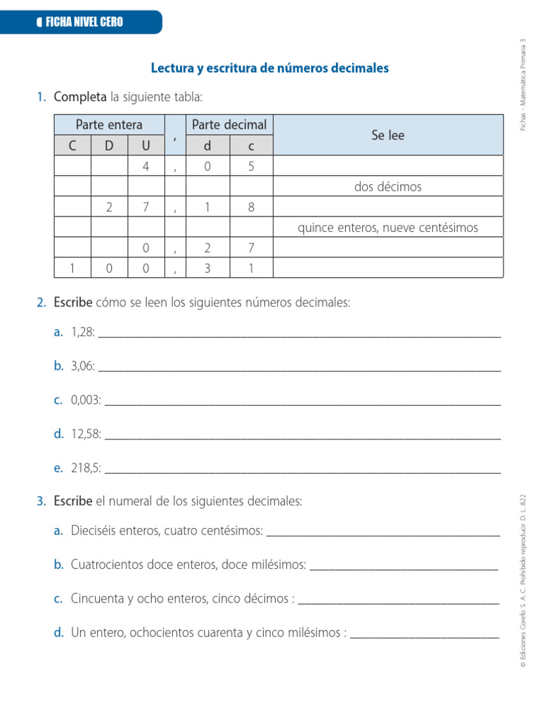 Lectura y Escritura de Números Decimales | PDF