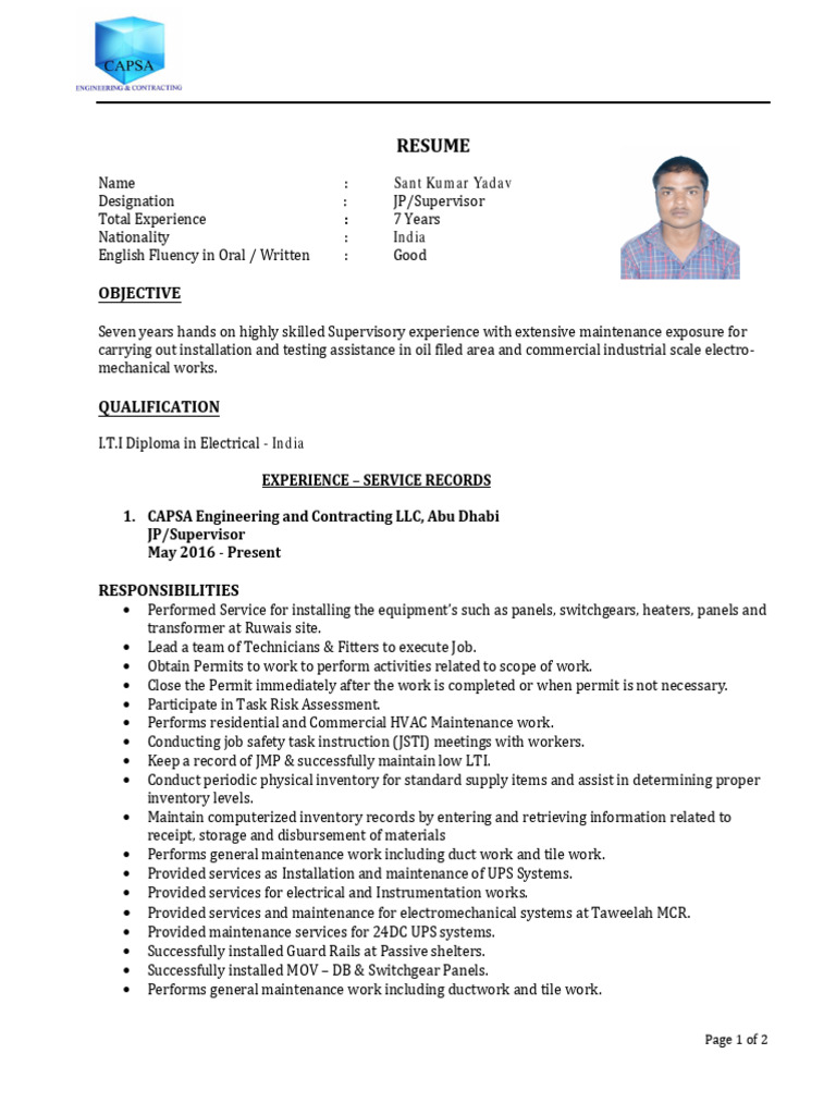 Sant Kumar JP Supervisor | PDF | Duct (Flow) | Equipment