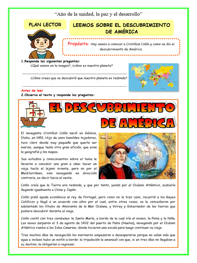 Ficha-Juev-Pl-Leemos Sobre El Descubrimiento de América-Jezabel Camargo ...