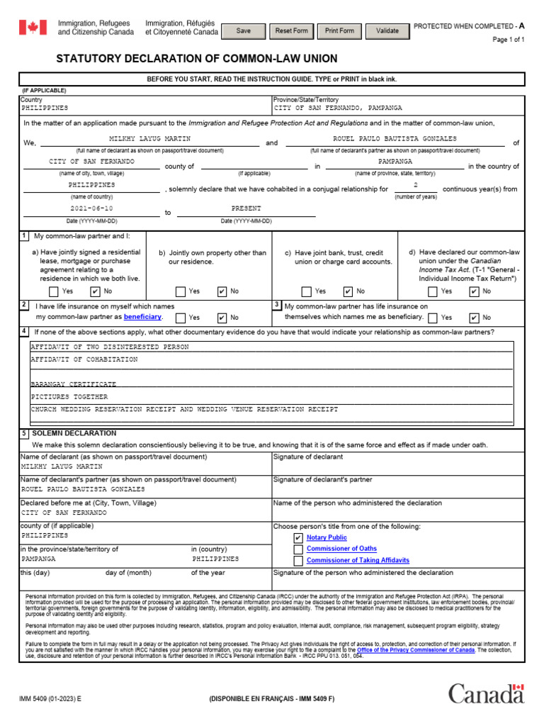 Statutory Declaration of Common Law IMM5409 | PDF