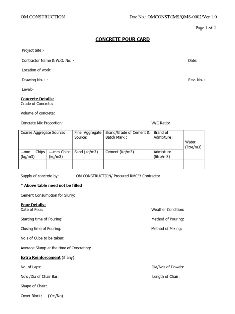 2.concrete Pour Card | PDF | Concrete | Building Technology